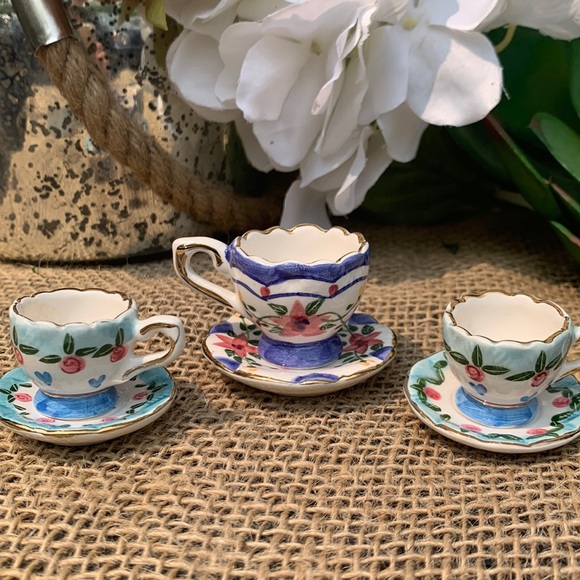 Other | Mini Tea Cup And Saucer Trio Teal Blue White Wheart Detail ...